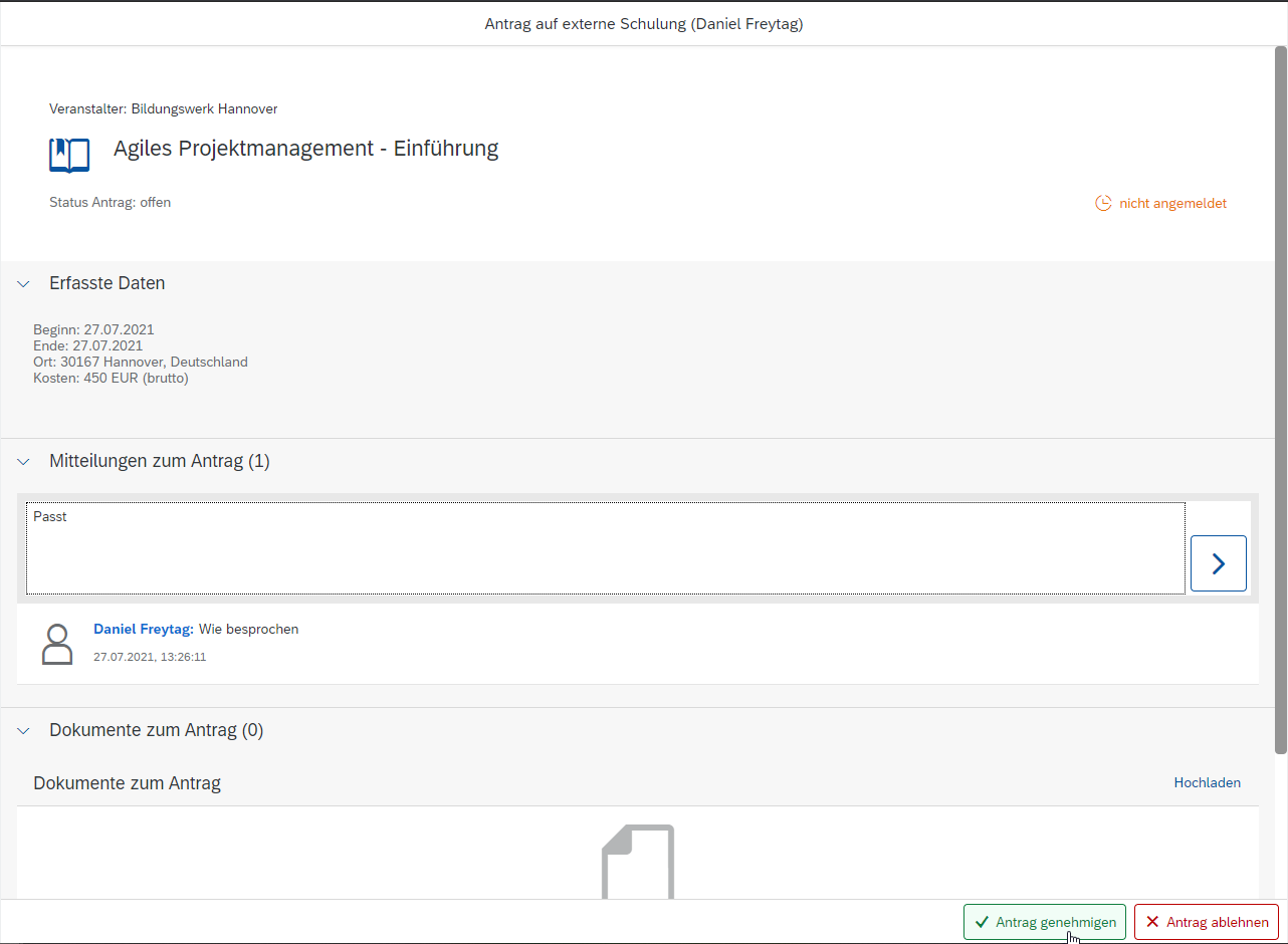 External TrainingRequest für SAP SuccessFactors Learning